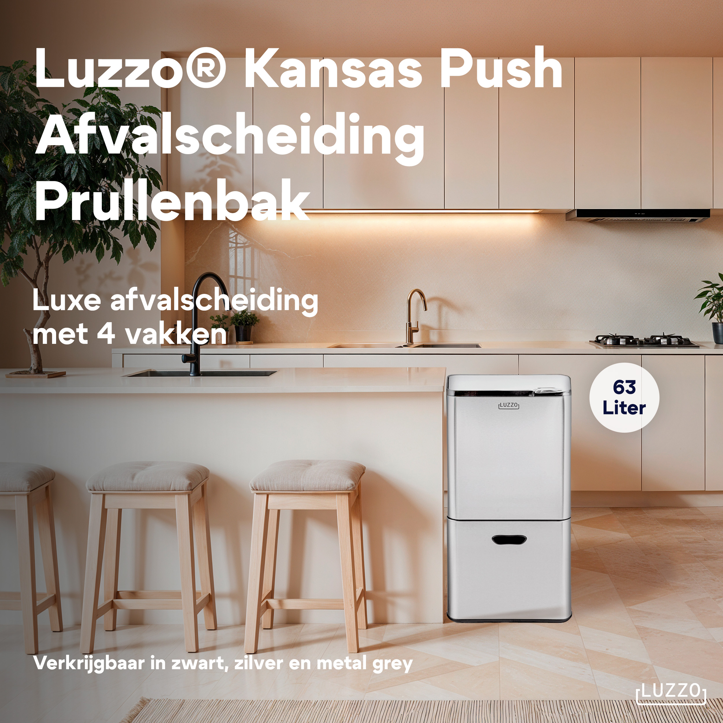 Luzzo® Kansas Push Prullenbak 63 liter Afvalscheiding 4 vakken - Afval ...