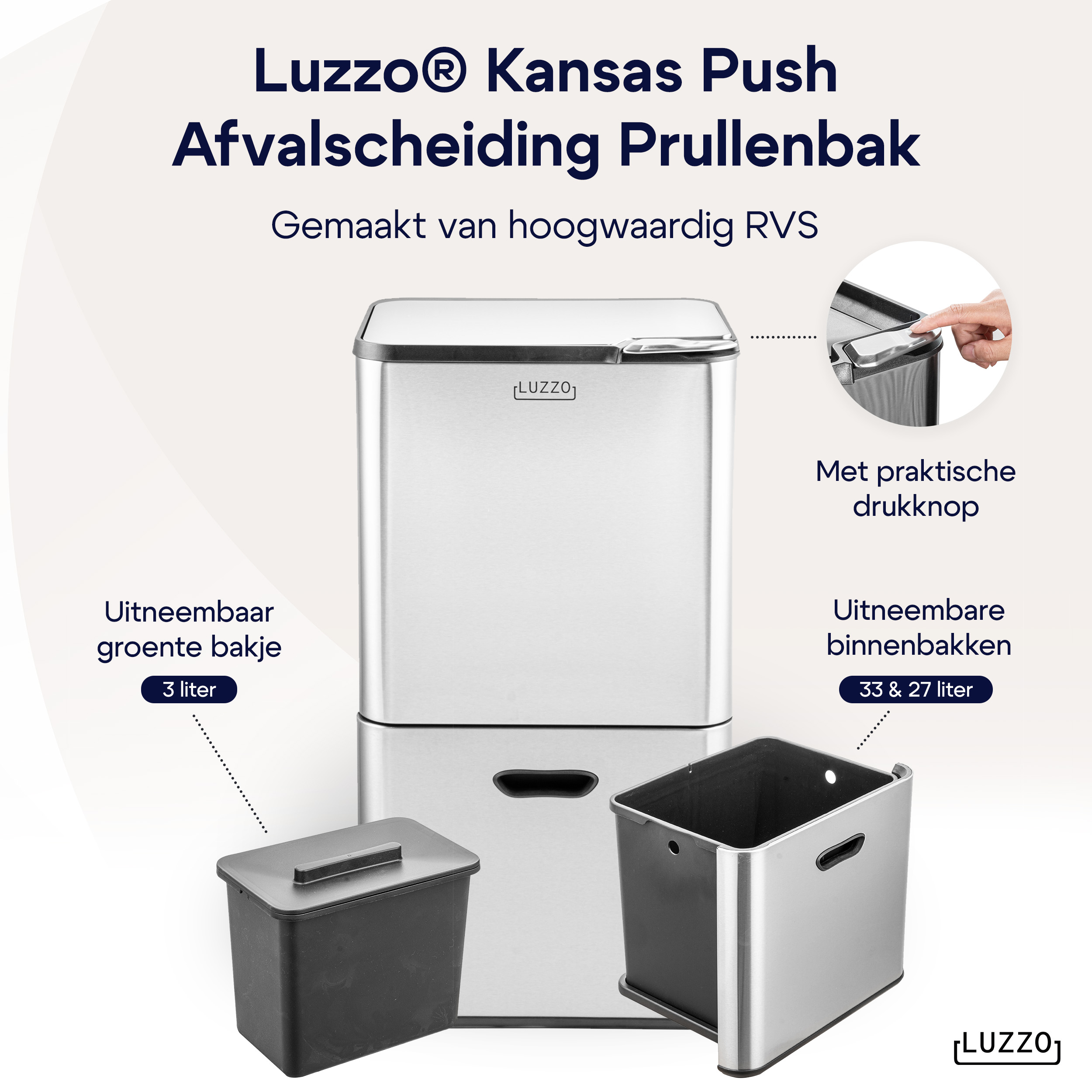 Luzzo® Kansas Push Prullenbak 63 liter Afvalscheiding 4 vakken - Afval ...