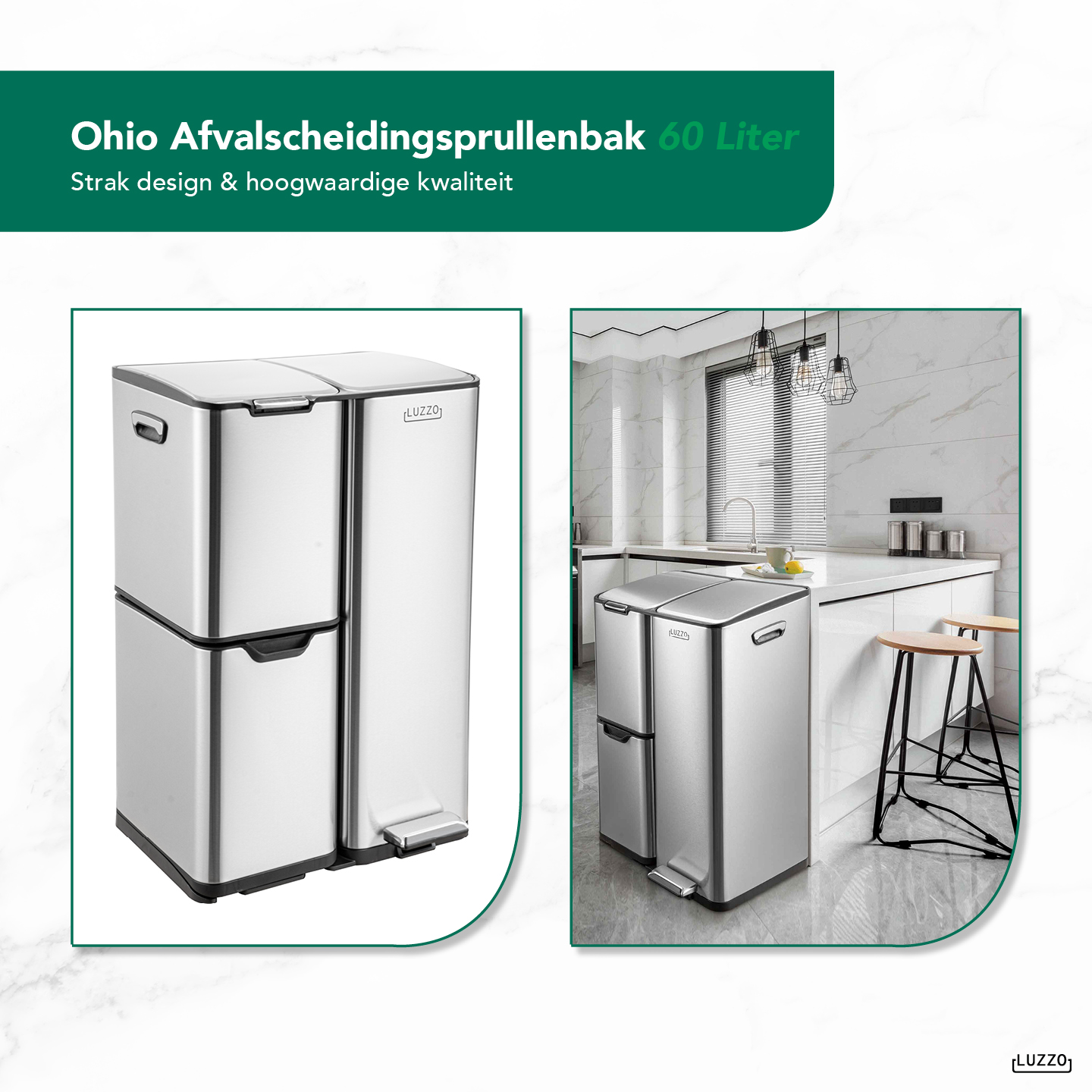 Luzzo® Ohio Prullenbak Afvalscheiding 60 liter - Pedaalemmer met Soft ...